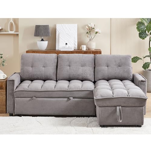 FANYE L-Shaped 3-Seaters Reversible Sleeper Sectional Sofa W/Pull Out Couch Bed and Storage Chaise for Living Room, Chenille Tufted Upholstered Convertible Sofabed with USB and Type-C Charging Ports