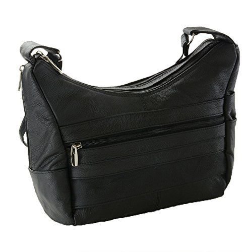 Marshal Women's Genuine Leather Purse Adjustable Strap Mid Size Multi Pocket Shoulder Bag (Black)