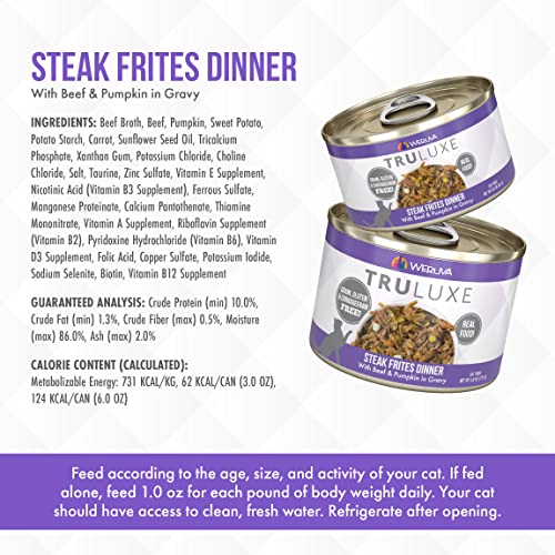 Weruva TruLuxe Cat Food, Steak Frites Dinner with Beef & Pumpkin in Gravy, 3oz Can (Pack of 24), Purple