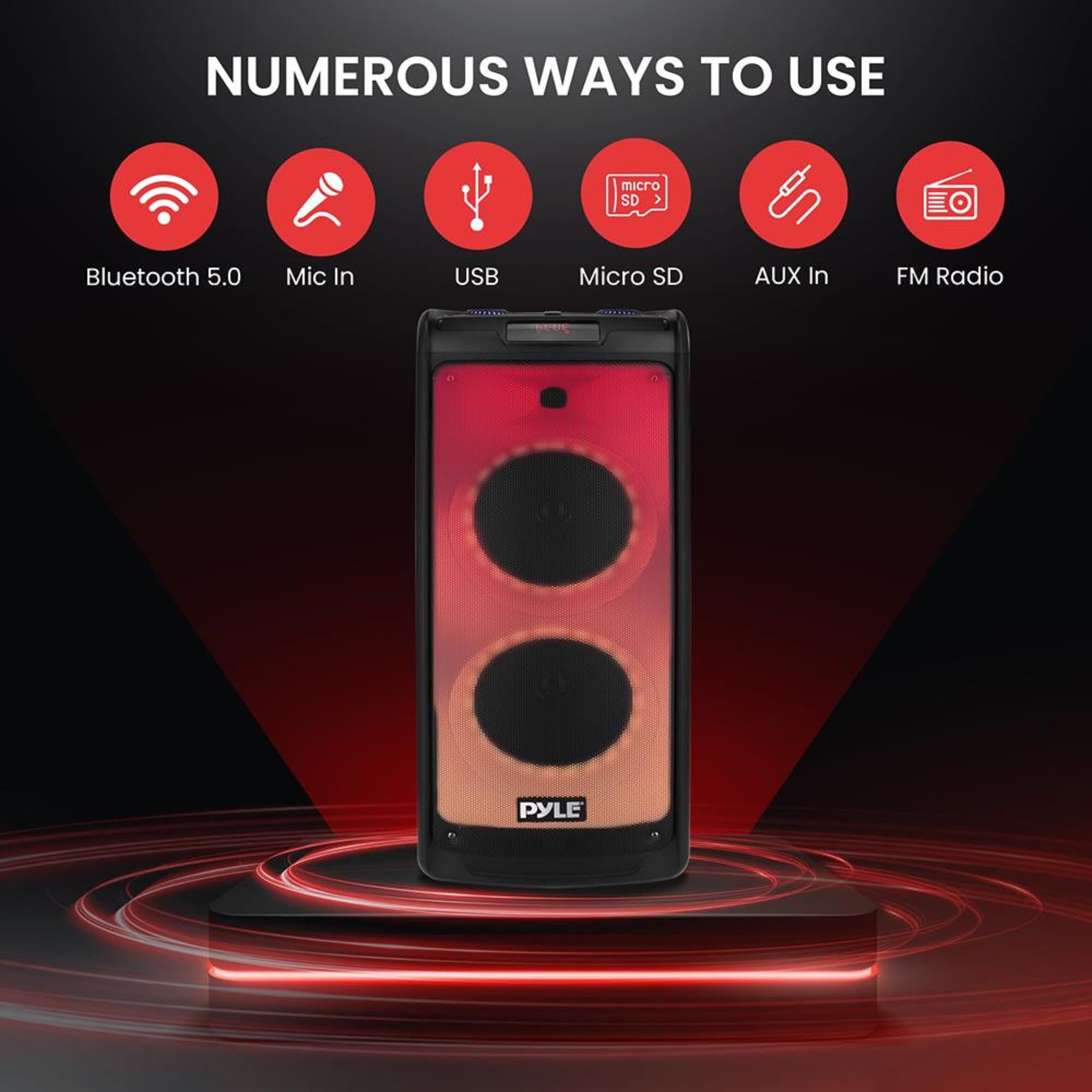 Pyle Portable Bluetooth PA Speaker System - 500W Rechargeable Indoor Outdoor Stereo w/Dual 8β Woofer & Tweeter, Audio Recording, Wireless Microphone, Flaming Light, Radio, MP3/USB/Micro SD, Remote