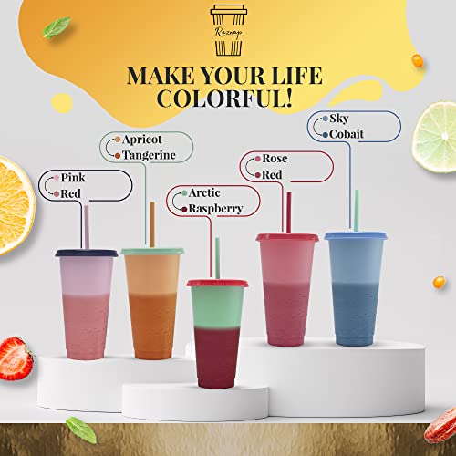 Reznap - Color Changing Cups - 5x Cups & Straws - 24 oz - BPA Free - Reusable Tumblers with Lids and Straws - Easy to Take Anywhere - Summer Party Cups - For Kids and Adults