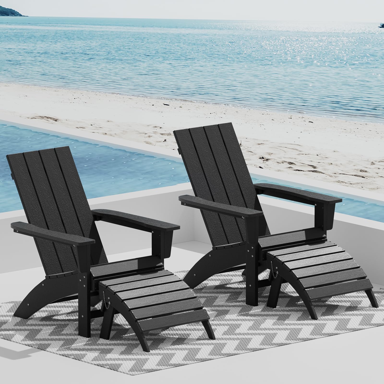 Folding Adirondack Chair with Ottoman Weather Resistant Foldable Fire Pit Chairs with Footrest HDPE Outdoor Adirondack Chair for Patio Front Porch Pool Garden Deck Fire Pit Outside, Black