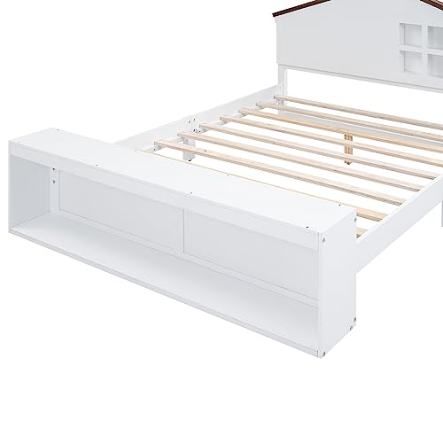 Full Size Platform Bed with House Shape Headboard and Storage Footboard for Kids, Solid Wood Kids House Platform Bed Frame with LED Lights and Sturdy Slat Support, Multi-storage Space (White+W)