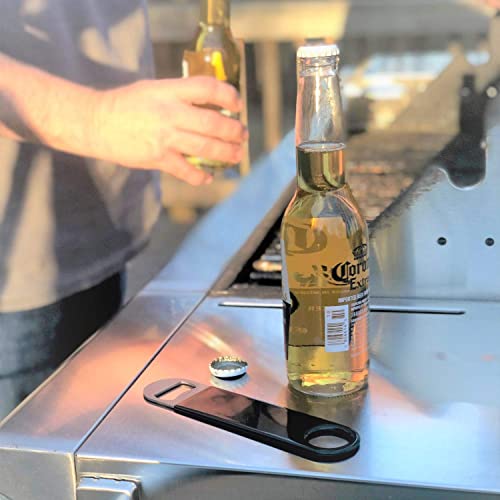 ProSMF Flat Bottle Opener - Bottle Opener for Bartender - Beer Bottle Opener - Stainless Steel - Heavy Duty - Vinyl Rubber Coated Handle - Black - 3 Pack - 2 Large & 1 Mini