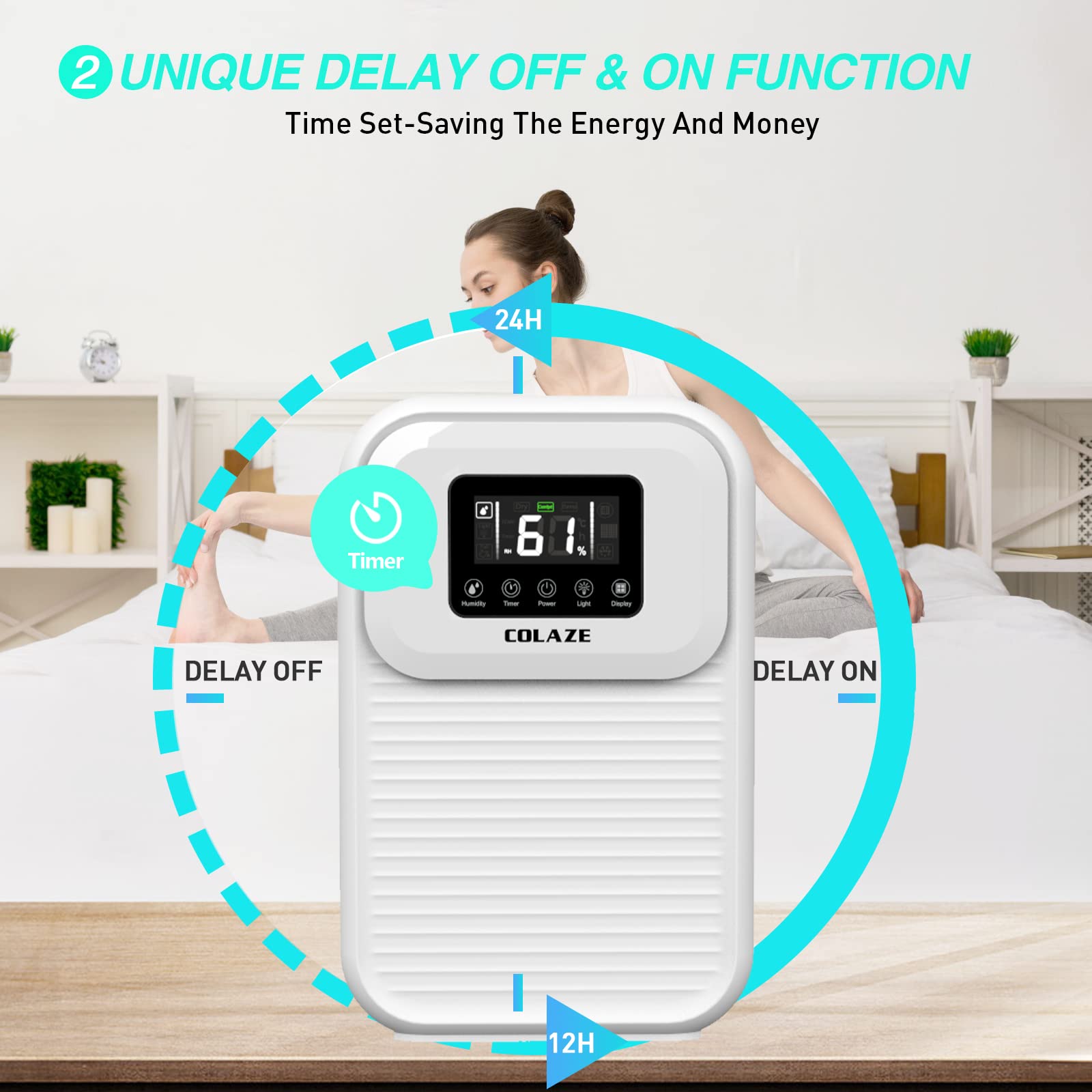 COLAZE Dehumidifiers for Small Spaces Dehumidifier Up to 500 Sq.ft with LED Display, Humidity Setting, Timer, Auto Shut off, Defrost Functions