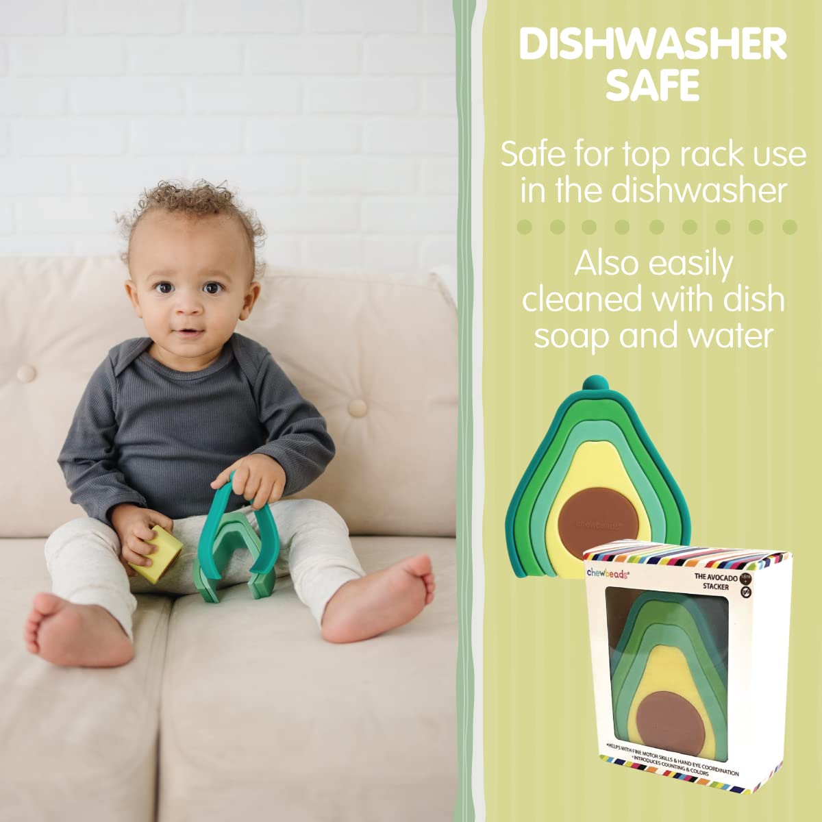 Chewbeads Avocado Baby Stacking Toy - 100% Silicone Stacking Toy for Babies 6-12 Months to Develop Fine Motor Skills - Fun, Colorful Avocado Baby Toy - Dishwasher Safe, BPA & Phthalate Free