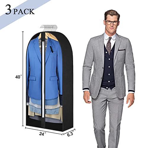 FADOTY 40" Garment Bags for Hanging Clothes 6.3" Gusseted Hanging Garment Bag for Storage Jacket Covers for Closet with Zipper Clear Garment Cover Dustproof for Coats Sweaters, 3 Pack, Black