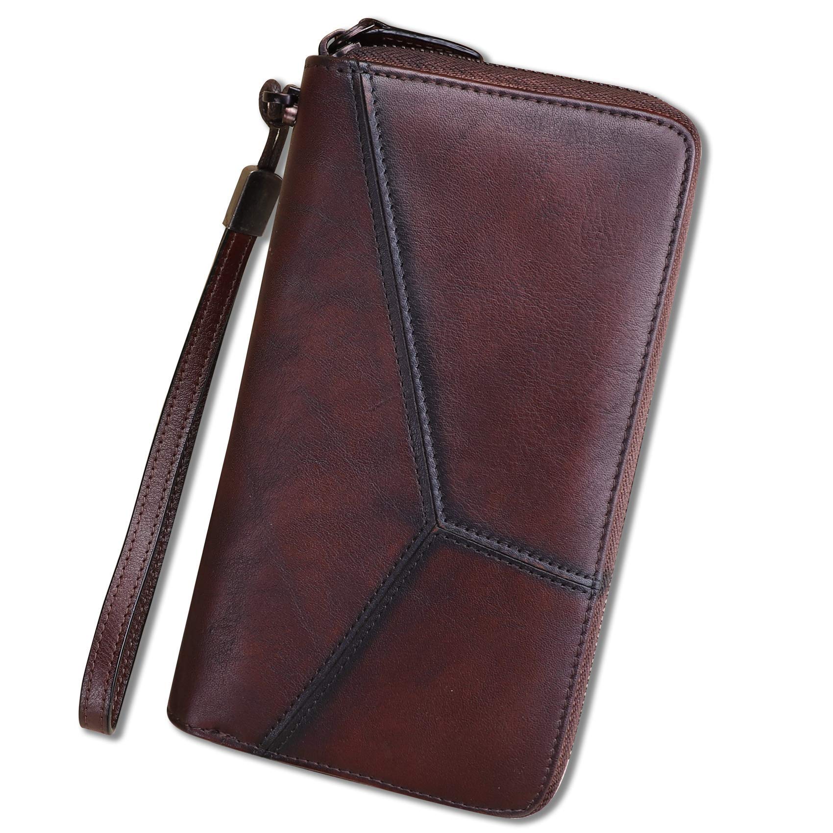 LRTO Genuine Leather Wallets for Women Zip Around Wallet Purse RFID-Blocking Retro Handmade Clutch Money Clip Card Organizer (Coffee)