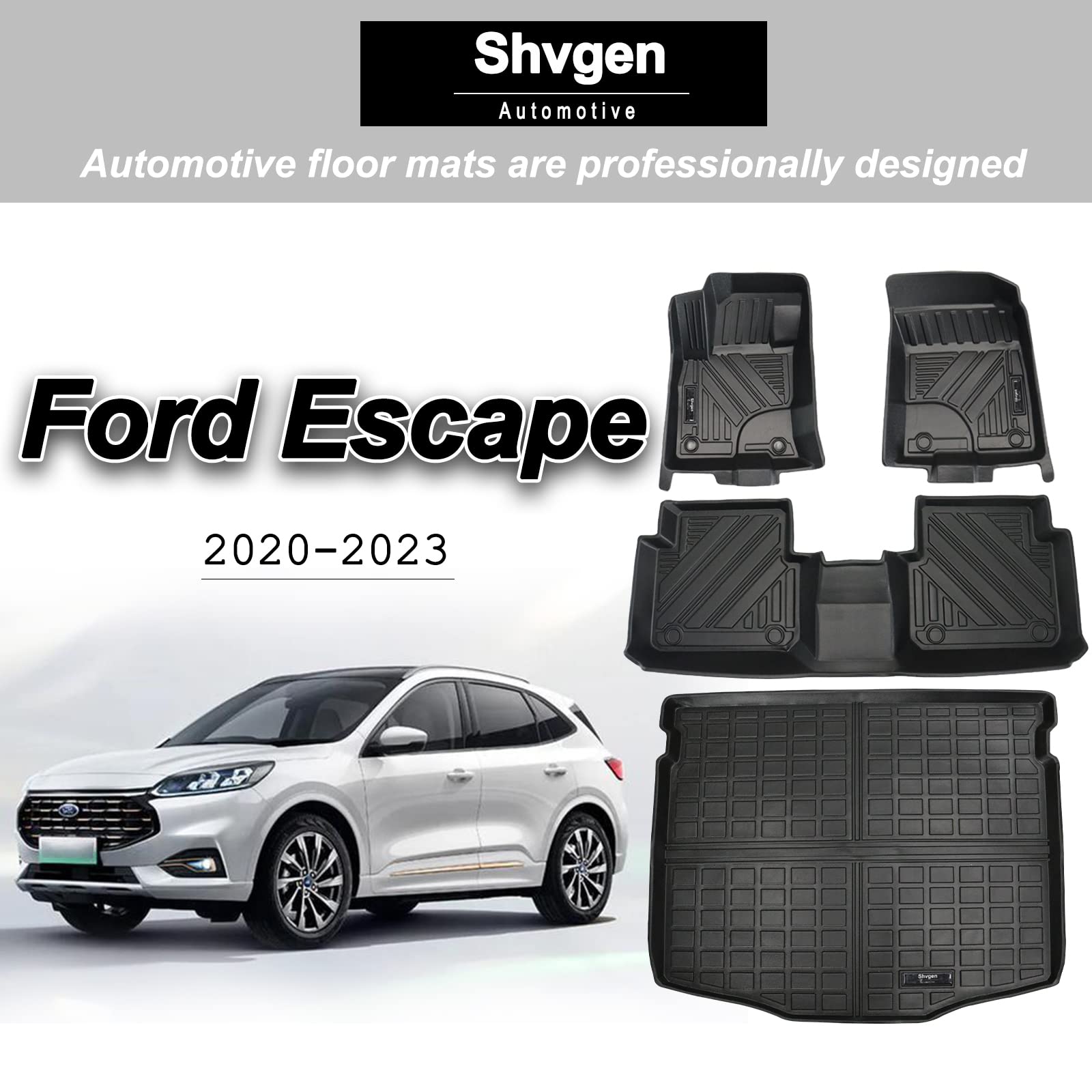 Car Floor Mats 2 Rows and Cargo Liner Set Black Compatible for 2020 2021 2022 2023 2024 Ford Escape All-Weather Rubber Mat Protection Black
