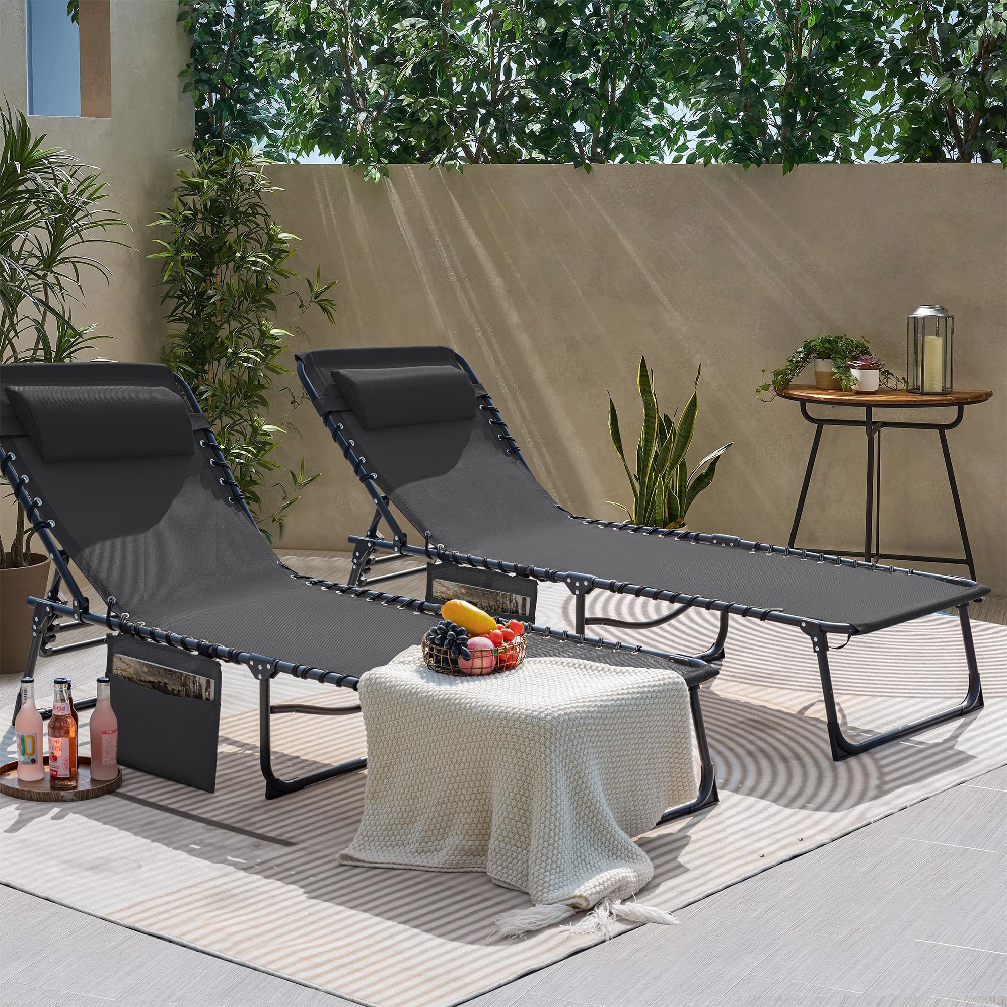 Flamaker Foldable Chaise Lounge Chair 5-Position Adjustable, Tanning Chair with Side Pocket, Outdoor Sunbathing for Pool, Beach, Patio, Lawn, Indoor Recliner Chair for Napping(Grey, 1 Pcs)