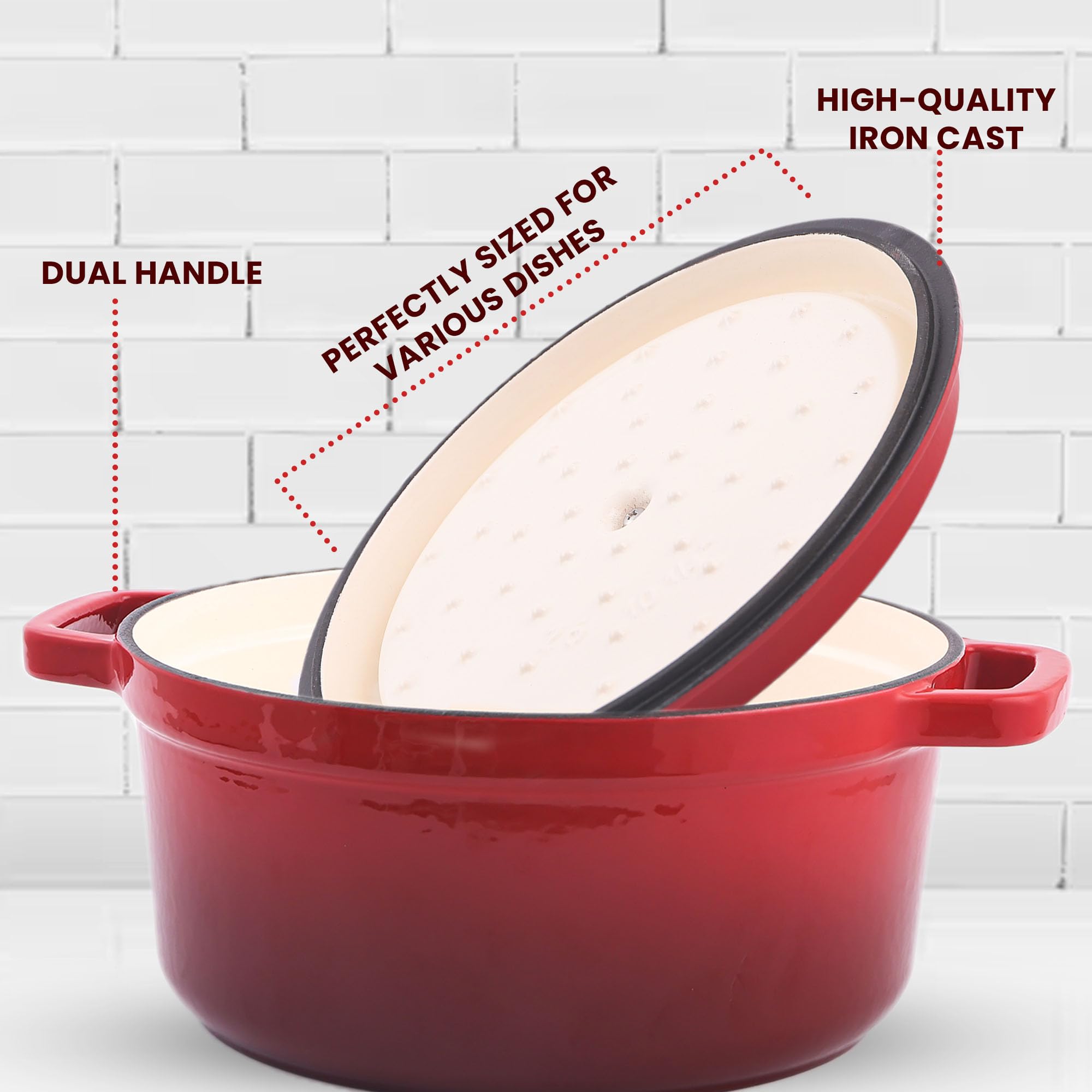Iron Gourmet™ Enameled Cast Iron Dutch Oven Pot With Lid – Red | Versatile 6 Quarts I Dutch Oven Pot With Lid For Marinating, Baking, Refrigerating, And Serving | Dual Handles I Large