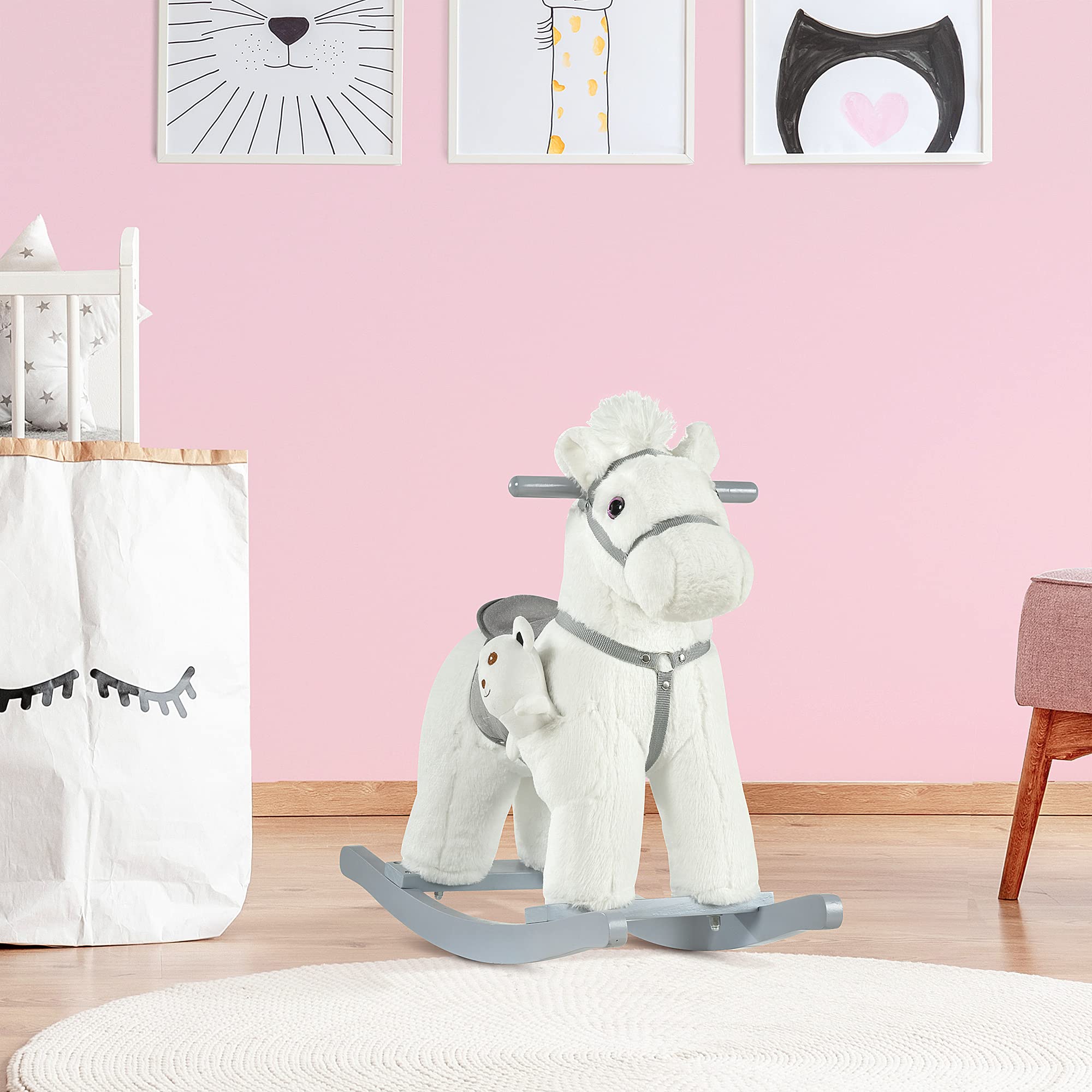 Qaba Kids Plush Ride-On Rocking Horse with Bear Toy, Children Chair with Soft Plush Toy & Fun Realistic Sounds, White