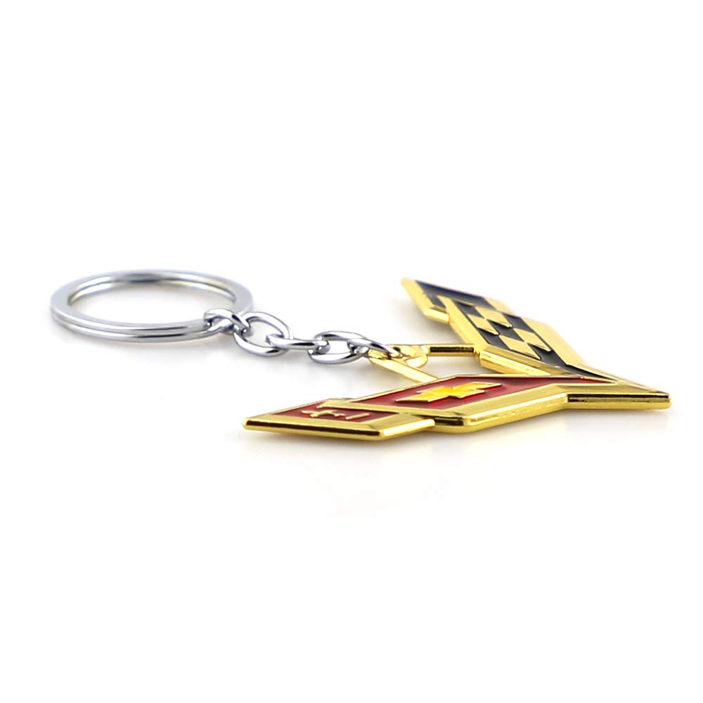 Car Keychain for Corvette Emblem Corvette Racing Flags Key Chain Keyring gif (Golden)