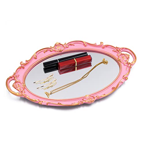 Funerom Vintage 14.5 x 10 inch Decorative Mirror Tray, Makeup Organizer, Jewelry Organizer (Pink)