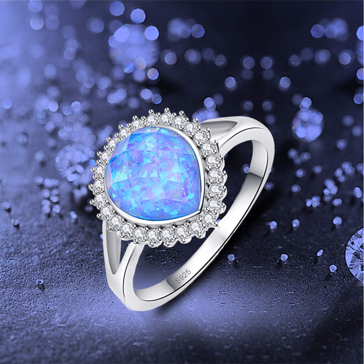 BONLAVIE 10X12mm Created Blue Opal Rings for Women 925 Sterling Silver Pear Shape Solid Opal Engagement Ring Paved Round Cut Cubic Zirconia October Birthstone Ring Promise Ring for Her Size 9
