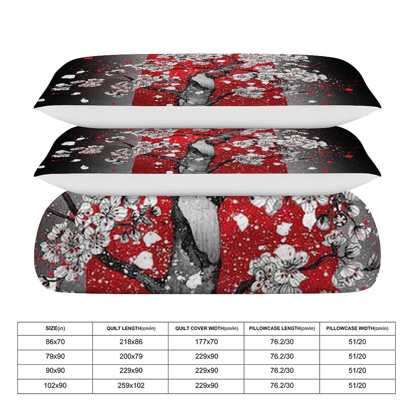 Japanese black white ink style Samurai sword red Sakura 3D print Duvet Cover Queen Size Ultra Soft and Breathable Bedding Comforter Cover Set 3 Pieces with Zipper Closure Duvet Cover & 2 Pillow Shams