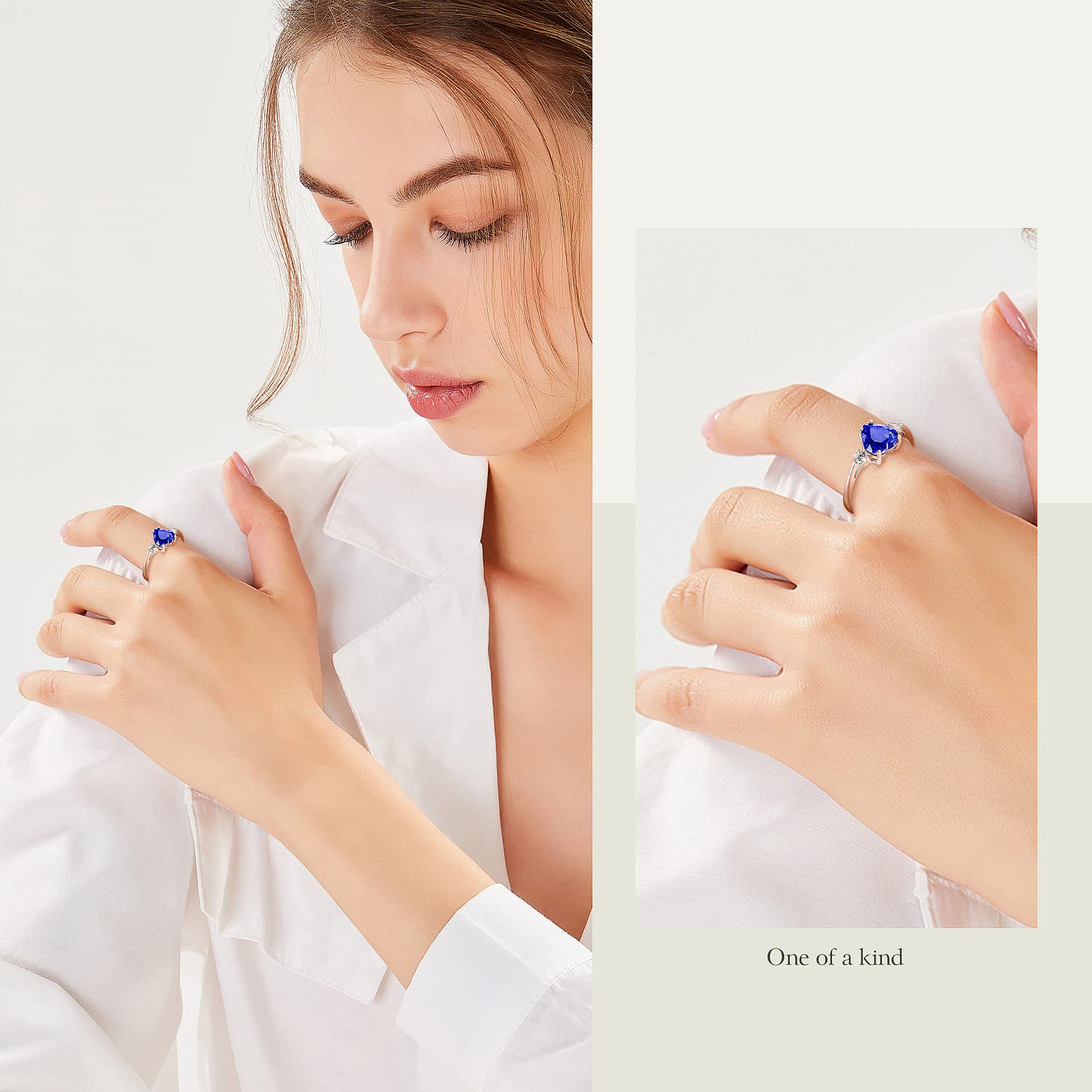 BONLAVIE 2.25ct Created Blue Sapphire Ring 925 Sterling Silver Rhodium Plated Blue Heart Ring Promise Ring Engagement Ring for Her Birthday Anniversary Valentine's Day Size 7