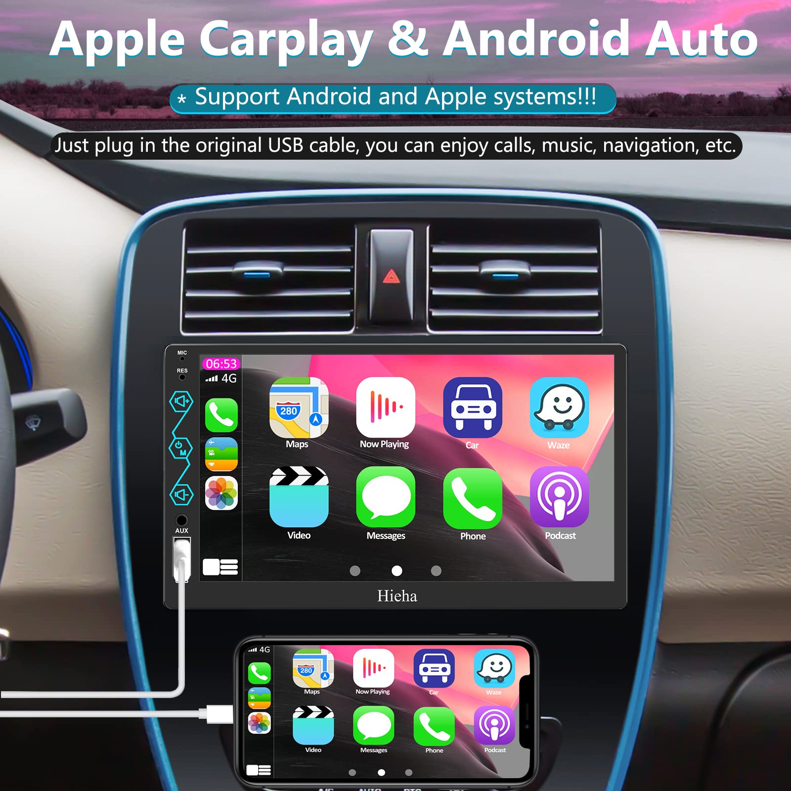 Car Stereo Double Din Radio with Backup Camera -Voice Control Apple Carplay & Android Auto, Bluetooth 5.3 Touch Screen Subwoofer Car Audio Receivers, 7 Inch HD MP5 Player with Mirror Link, USB/SD/A/FM