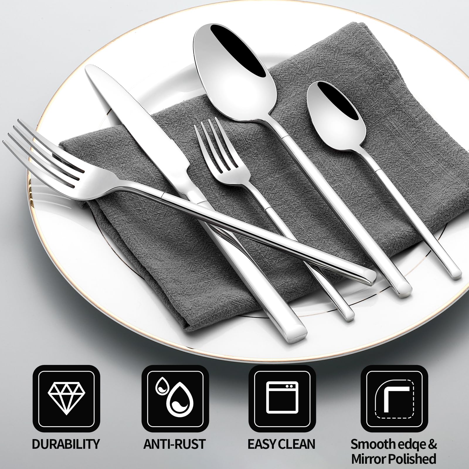 Forged Silverware Set for 8, Heavy Duty Stainless Steel Flatware Set, Prendcyx 40 Piece Premium Cutlery Sets including Spoons and Forks Set, Dishwasher Safe
