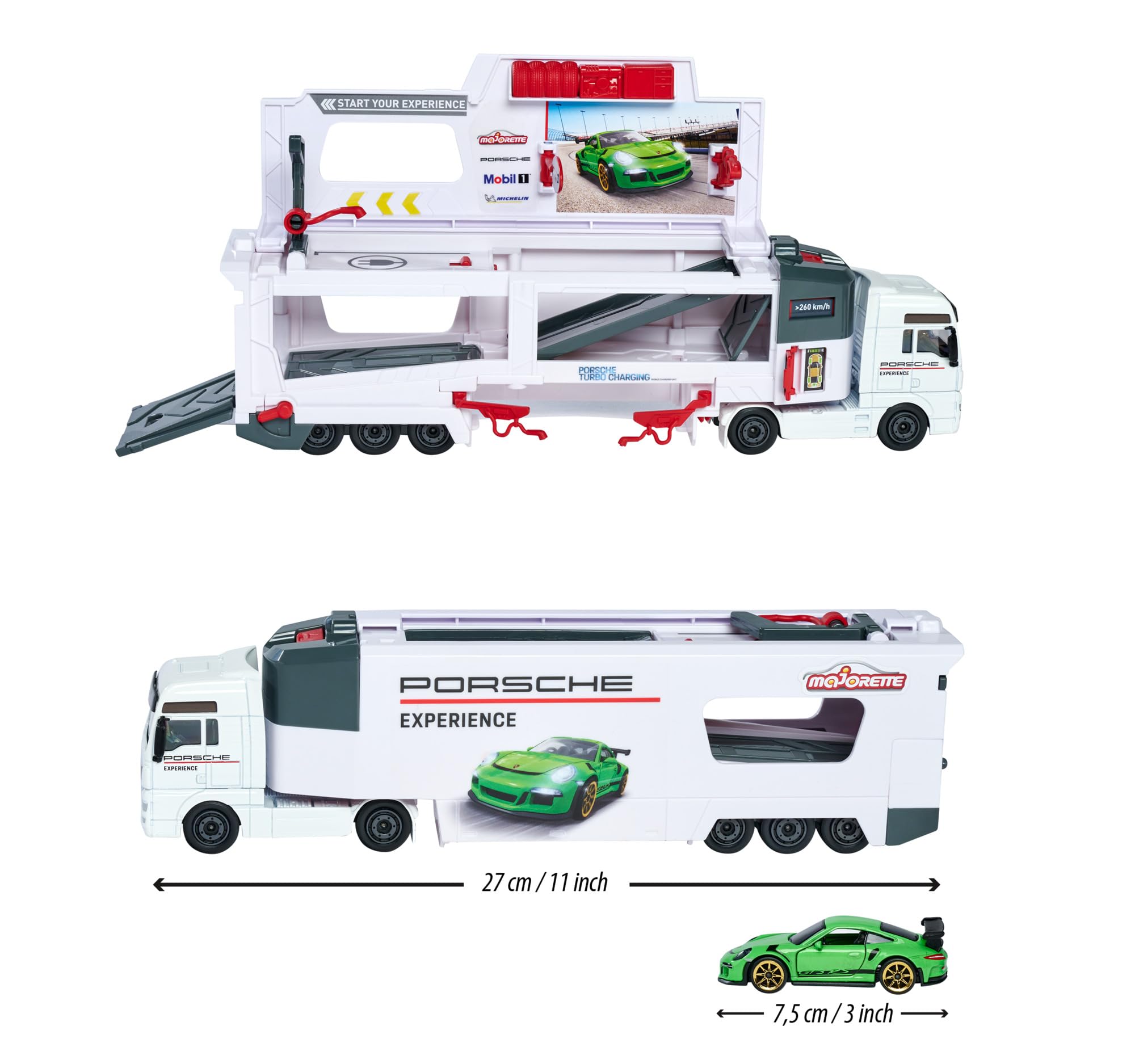 Majorette- Camión Porsche Experience 27cm, Incluye 2 Coches de Metal de 7,5cm, Partes Desplegables y Numerosos Accesorios, Adecuado A Partir de 3 Años, Color (212053304)