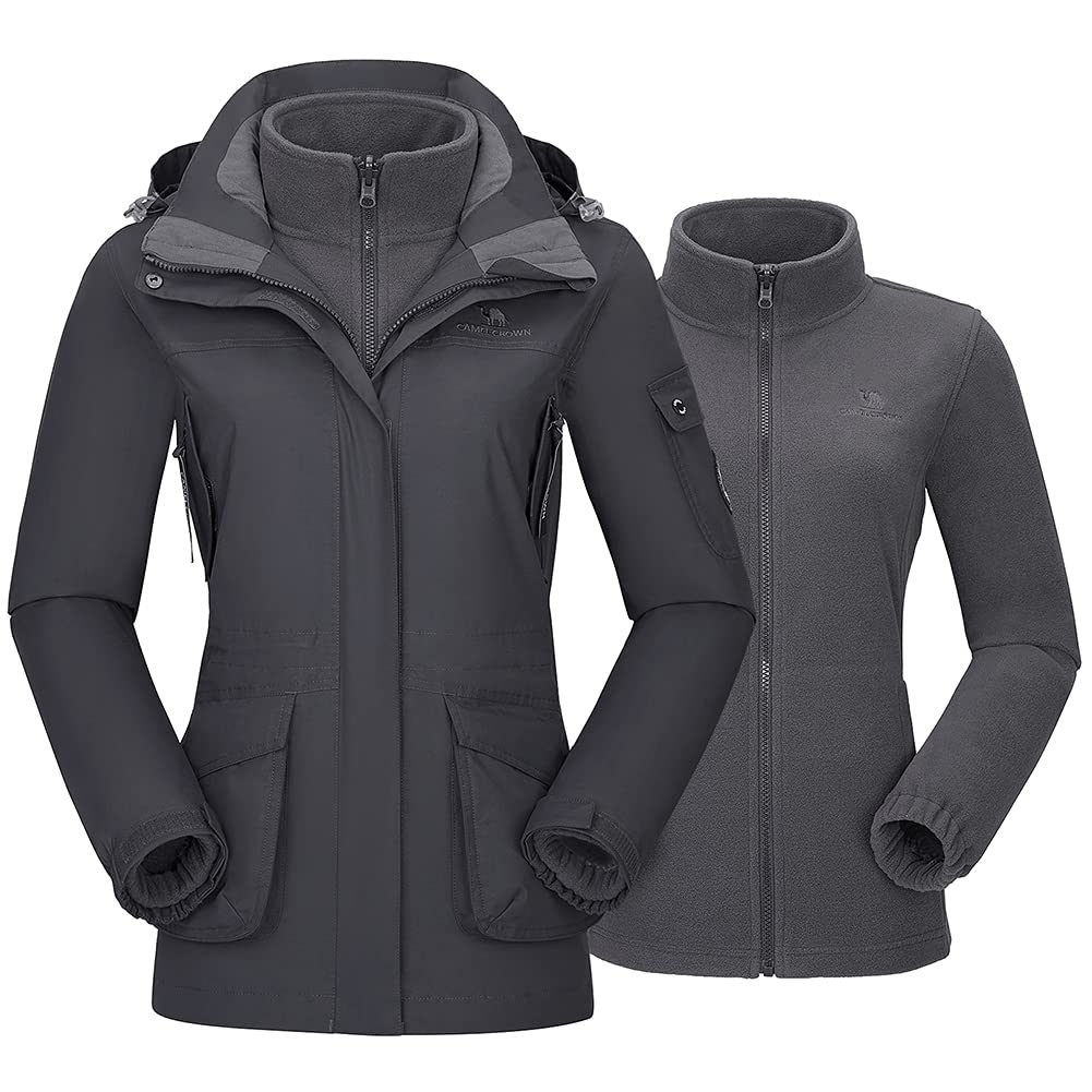 CAMEL CROWN Womens Waterproof Ski Jacket 3-in-1 Windbreaker Winter Coat Fleece Inner for Rain Snow Outdoor Hiking(Dark Grey, Medium)