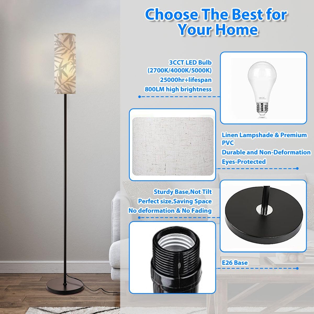Boho Standing Lamps Bamboo tree silhouette pattern white japanese style black Minimalist Floor Lamp Metal Pole Lamp with Linen Lampshade for Bedroom Living Room Office Nursery Reading Foot Switch