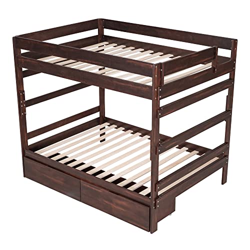Full Over Full Bunk Bed with 2 Drawers, Solid Wood Bunk Bed Frame with Ladders & Storage Drawers, Bedroom Furniture Can Be Divided Into Two Individual Beds