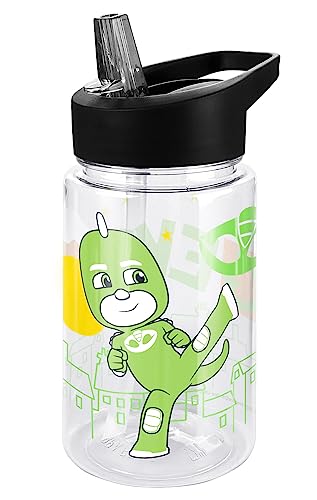 LOGOVISION PJ Masks Kids Tritan Plastic Water Bottle with Straw Lid and Handle, Reusable Tumbler for Toddlers, Unisex for Girls and Boys, 12oz, Big Gekko