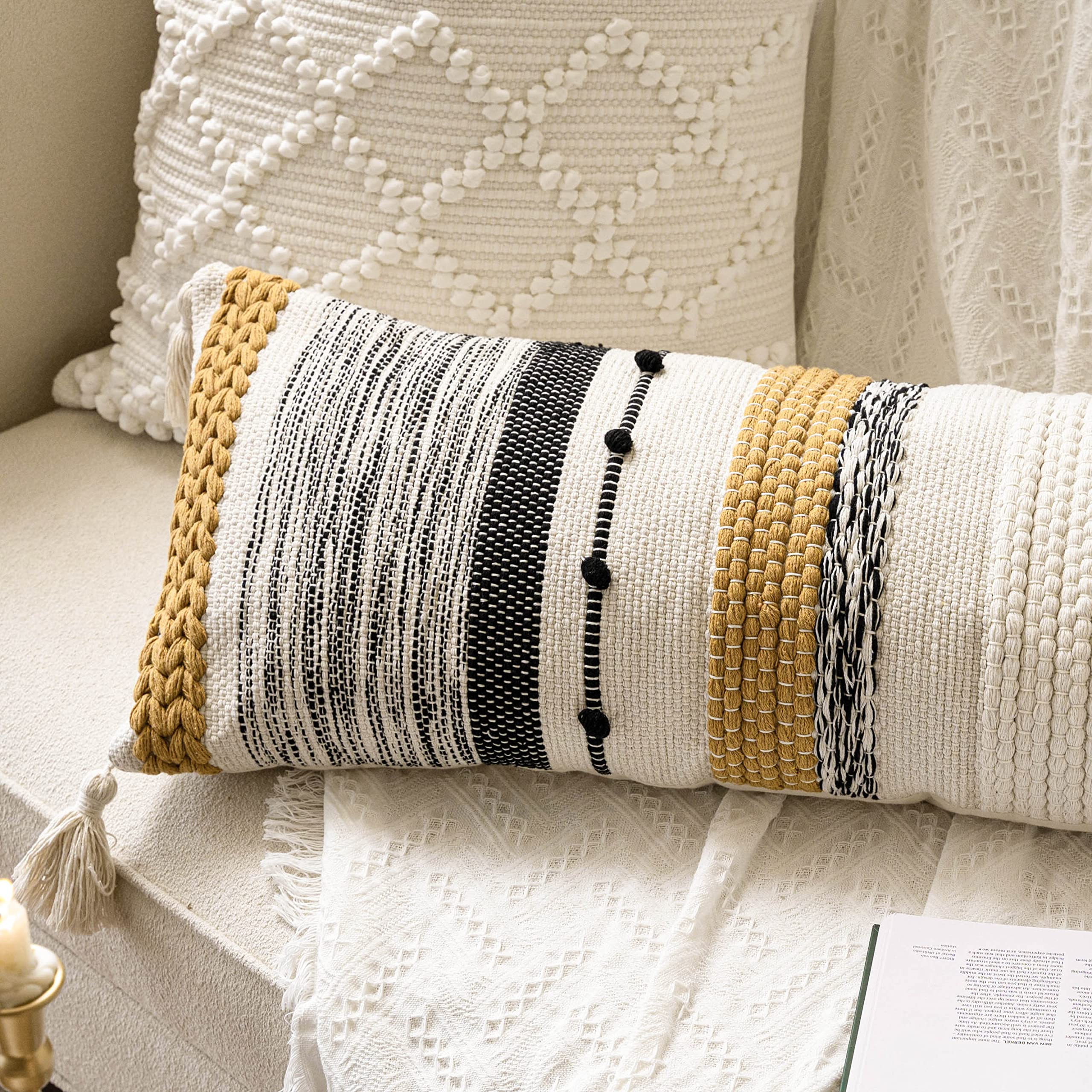 BlissBlush Decorative Lumbar Throw Pillow Cover 14x36 Boho Long Cushion for Bed Mustard Beige Accent Farmhouse Pillowcase for Bedroom Living Room Couch Sofa Home Décor COVER ONLY
