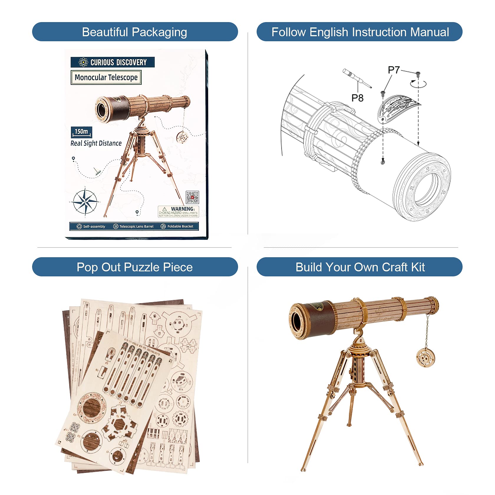 Rowood Telescope 3D Puzzles for Adults, DIY Wooden Model Building Kit, Christmas Birthday Gift for Kids Teens