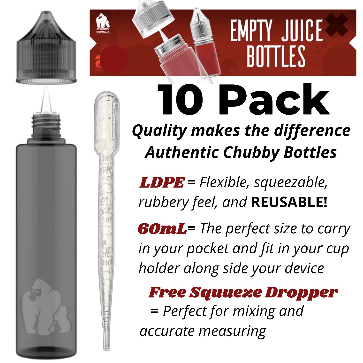 Chubby Gorilla LDPE PET Plastic Unicorn Squeeze Bottle 60ml (10 Pack) Dropper bottle (Transparent Black) REUSABLE, Child Resistant Cap, Easy Drip Tip Applicator Dropper Bottles with Squeeze Dropper