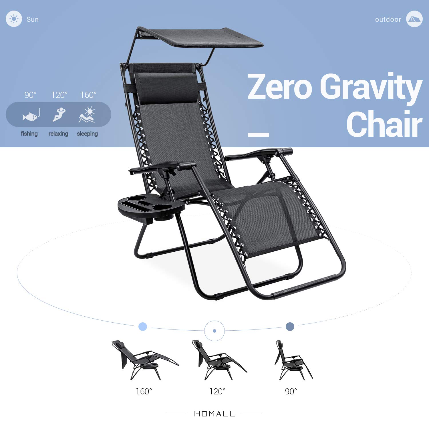 Homall Zero Gravity Chair Patio Lawn Chair Lounge Chair Folding Recliner Adjustable Outdoor with Canopy Shade,Cup Holder (Black)