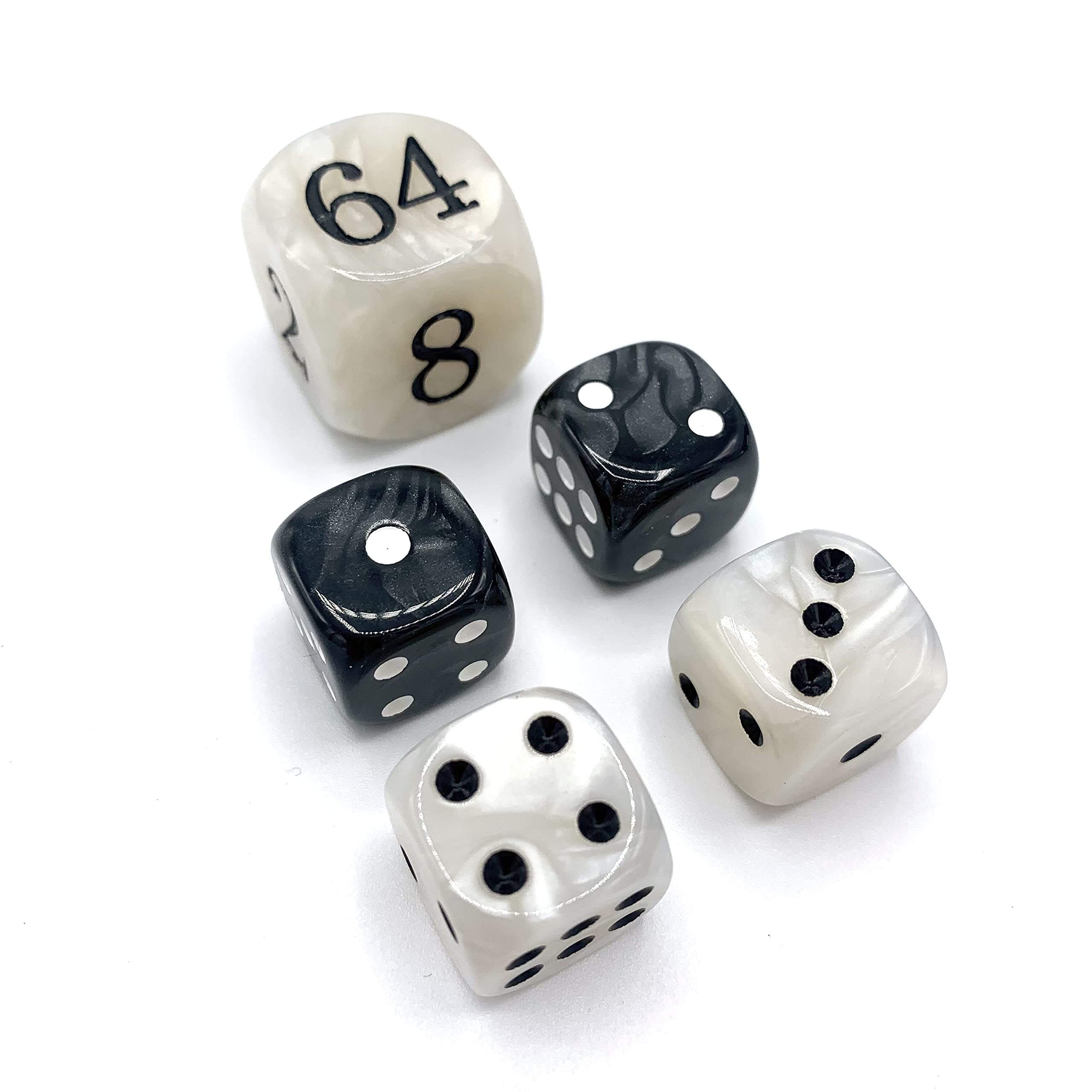 Luck Lab Backgammon Pearl Dice Set - 22 mm Doubling Cube and Four 16 mm Dice with Bonus Storage Bag, Black/White Marbleized