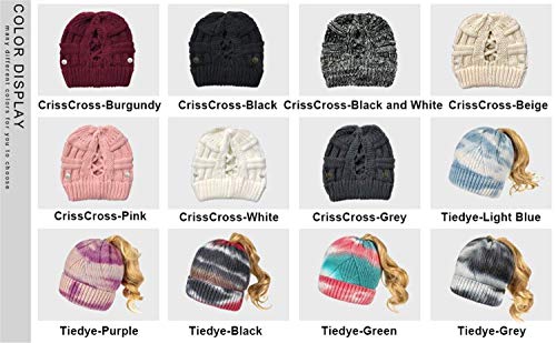 Bocianelli Womens High Messy Bun Beanie Hat with Ponytail Hole, Winter Warm Trendy Knit Ski Skull Cap Classic-Black
