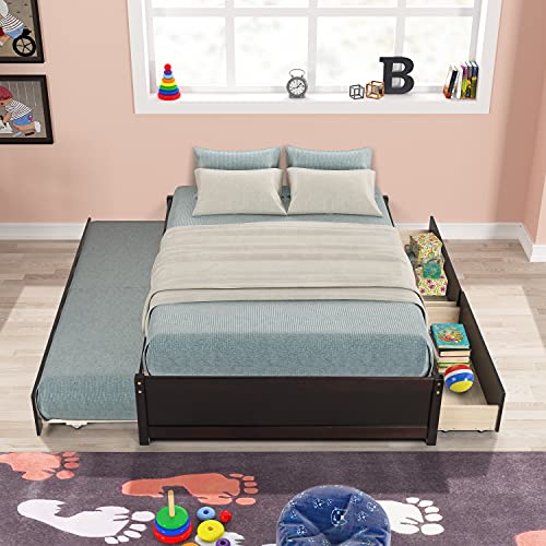 Full Size Bed Frame with Trundle and Storage, Platform Bed with Solid Wood Slat Support, Full Bed Frame with Twin Size Trundle Bed & 2 Storage Drawers, Noise Free, No Box Spring Needed (Espresso)