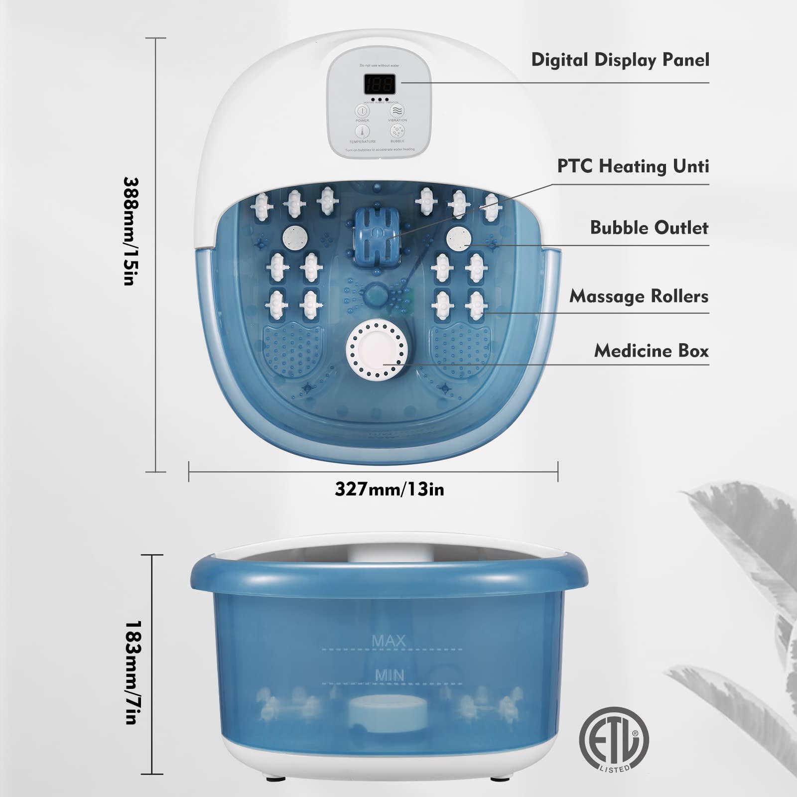 CHRUN Foot Spa Bath Massager with Shiatsu Massage Heated Vibration, Air Bubbles 14 Massage Roller Storage Boxes, Fast Heating and Adjustable Temperature Control 95-118℉ for Family Feet Stress Relief