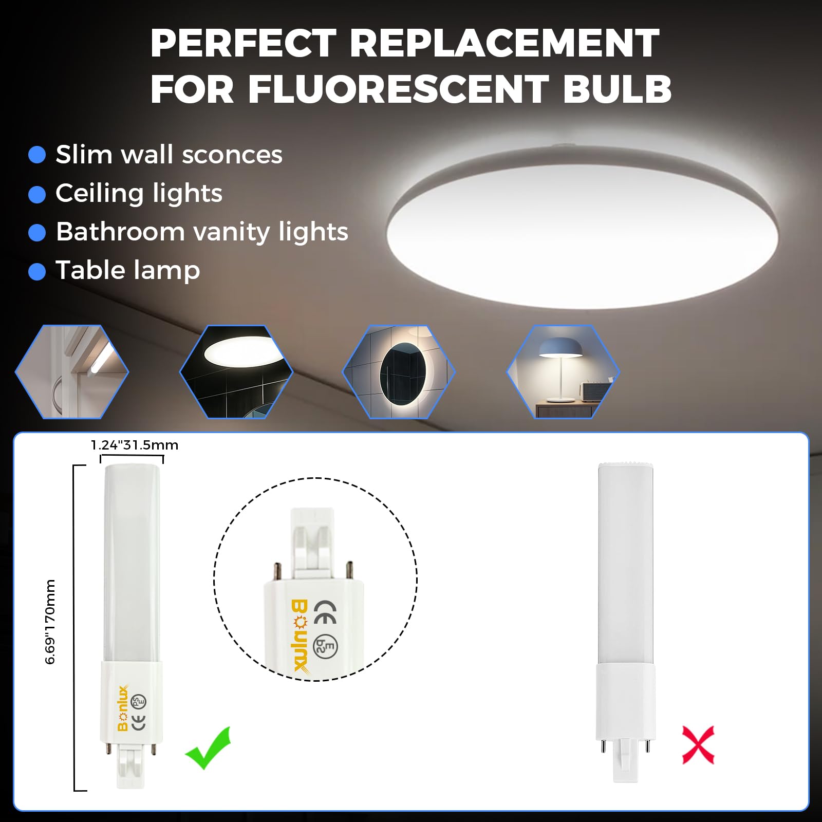 Bonlux 2-Pack 6W GX23 2-Pin LED PL Retrofit Lamp 13W GX23d CFL Replacement 180° Beam Angle Daylight 6000k LED PL Horizontal Recessed Down Light Bulb (Remove/Bypass The Ballast)