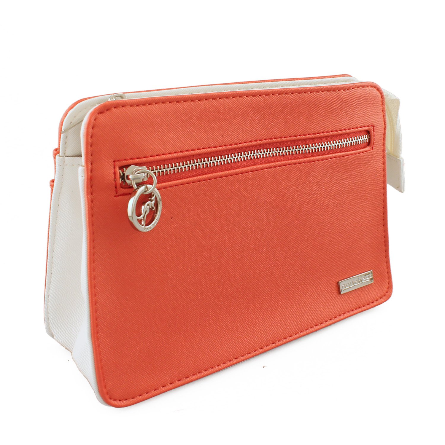 Pouchee Avi Vegan Leather Purse Organizer that doubles as a Clutch and Cross Body Bag (Coral/Cream)