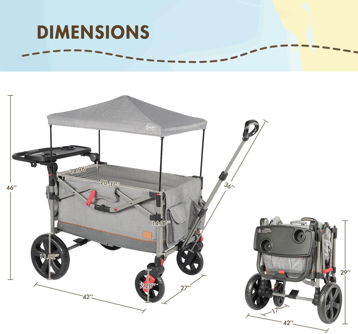 Busy Bee Foldable Wagon Stroller for 2 Kids, Push Pull Collapsible Kids Wagon with Adjustable Handle Bar, Removable Canopy, 5-Point Harness, Shock-Absorbing Wheels, Grey