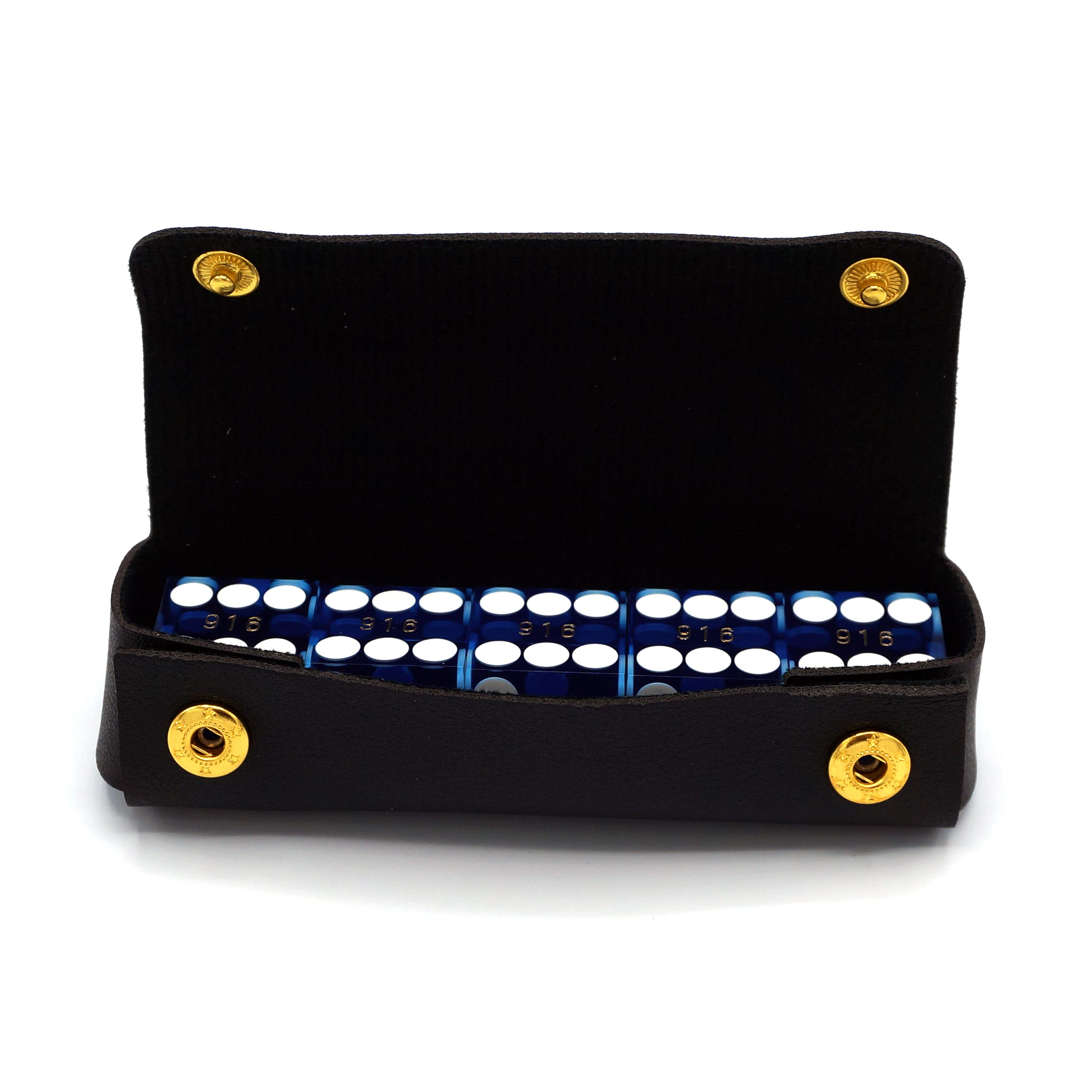 Luck Lab Grade AAA 19mm Casino Dice with Razor Edges and Matching Serial Numbers Set of 5 and Leather Dice Case, Blue