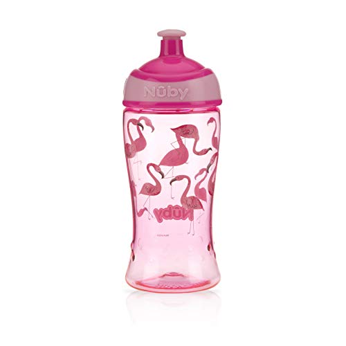 Nuby Thirsty Kids Tritanfree Flow Pop Up Super Slurp Water Bottle, Flamingo, 1 Pack, 12 Oz