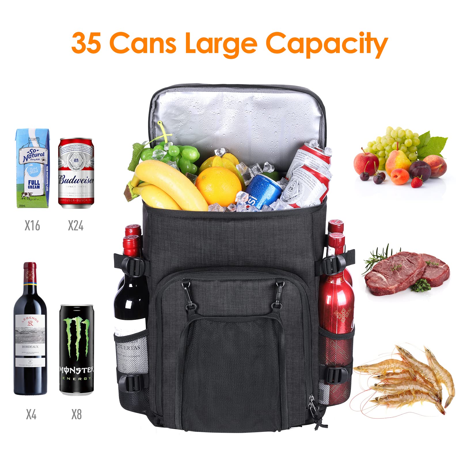 Cooler Backpack Insulated Leak Proof 35 Cans Soft Cooler Bag with Picnic Mat Beach Cooler Lunch Backpack for Picnic Trips Camping Travel Fishing Hiking (Black)