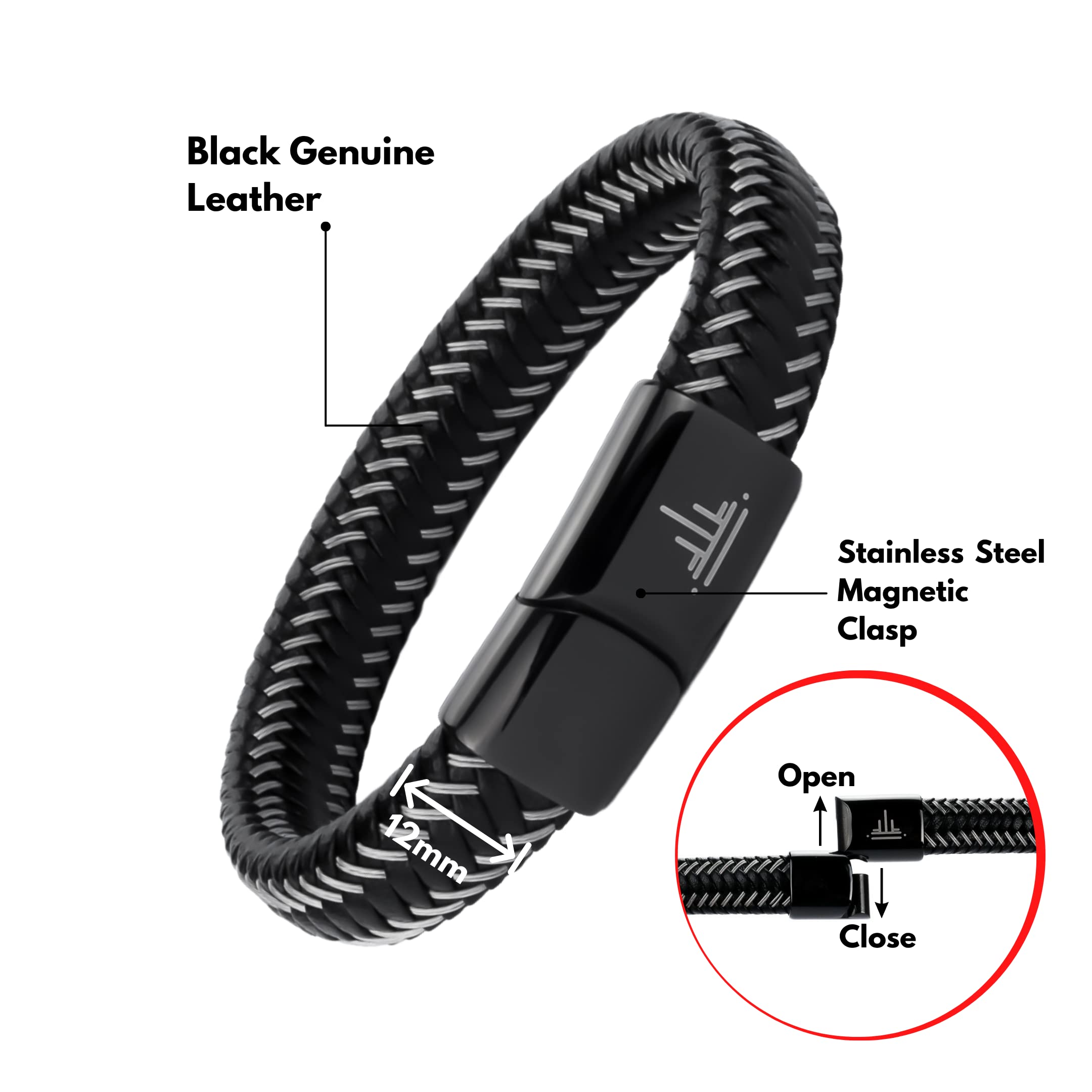CG85 Genuine black leather bracelet with silver stainless steel thread and black steel clasp, plus 2 handwoven stone beads bracelets (3 pieces)