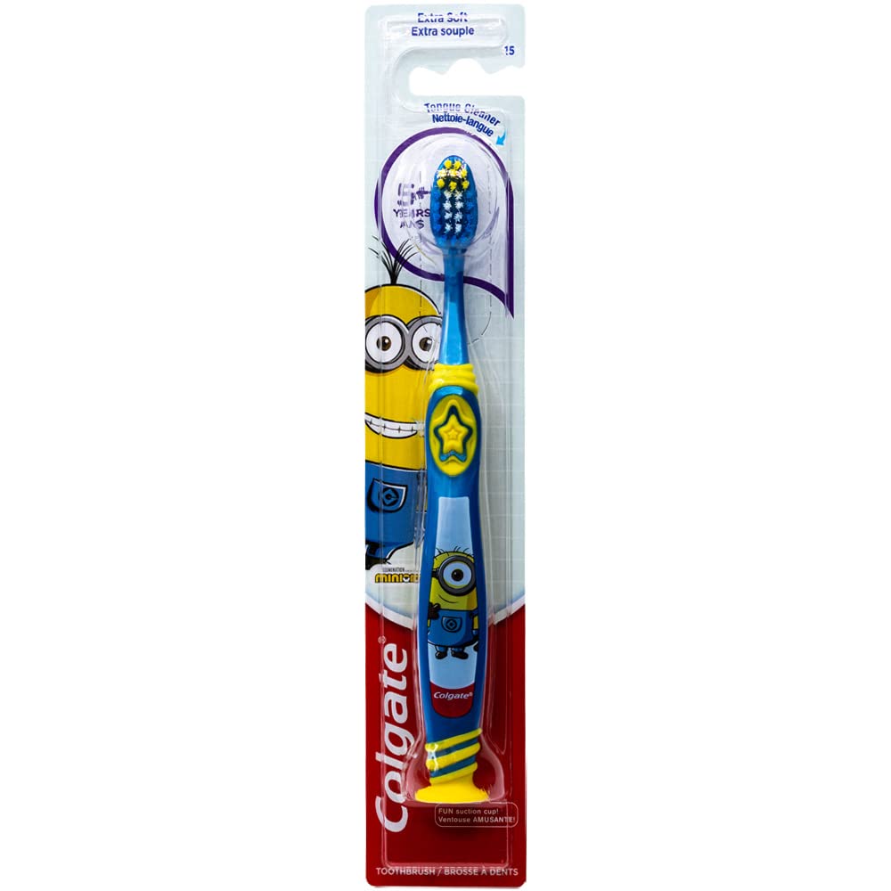 Colgate Minions Toothbrush with Suction Cup, Tongue Cleaner 5+ Years, Extra Soft (Colors Vary) - Pack of 4