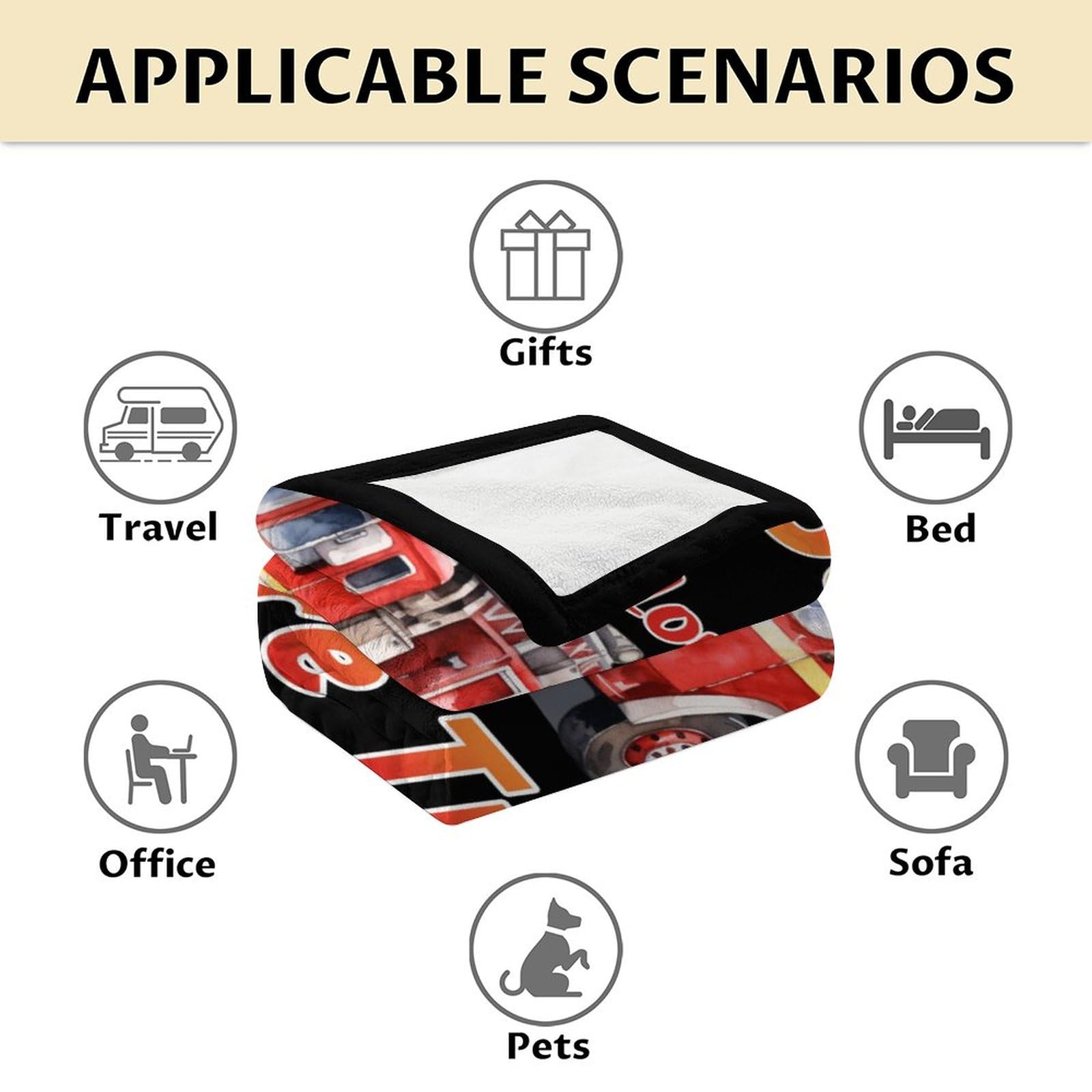 Fire Truck Throw Blanket - 50x40 Inches Small Blanket for Kids, Boys - Soft Plush Blankets for Bed, Couch, Sofa - Black Cute Fuzzy Throws Gifts