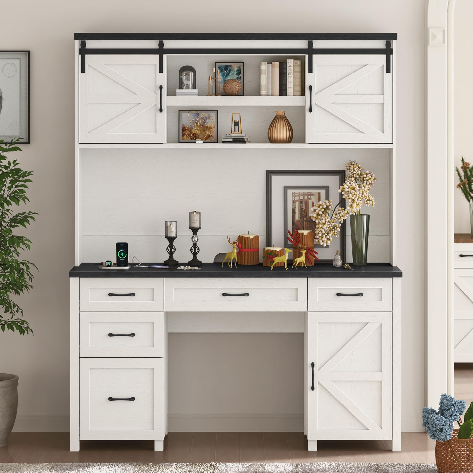 Farmhouse 61" Executive Desk with Hutch,Office Desk with 5 Drawers, Computer Desk with Storage Cabinet & File Drawers and Charging Station, Wood Workstation for Home Office and Study