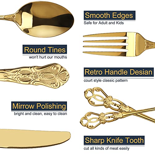 Runfly Gorgeous Retro Royal Gold Stainless Steel 20 Pieces Flatware Set, Golden Silverware Set, Anti-rust Stainless Steel Gold Cutlery Set Utensils Including Fork Spoon and Knife