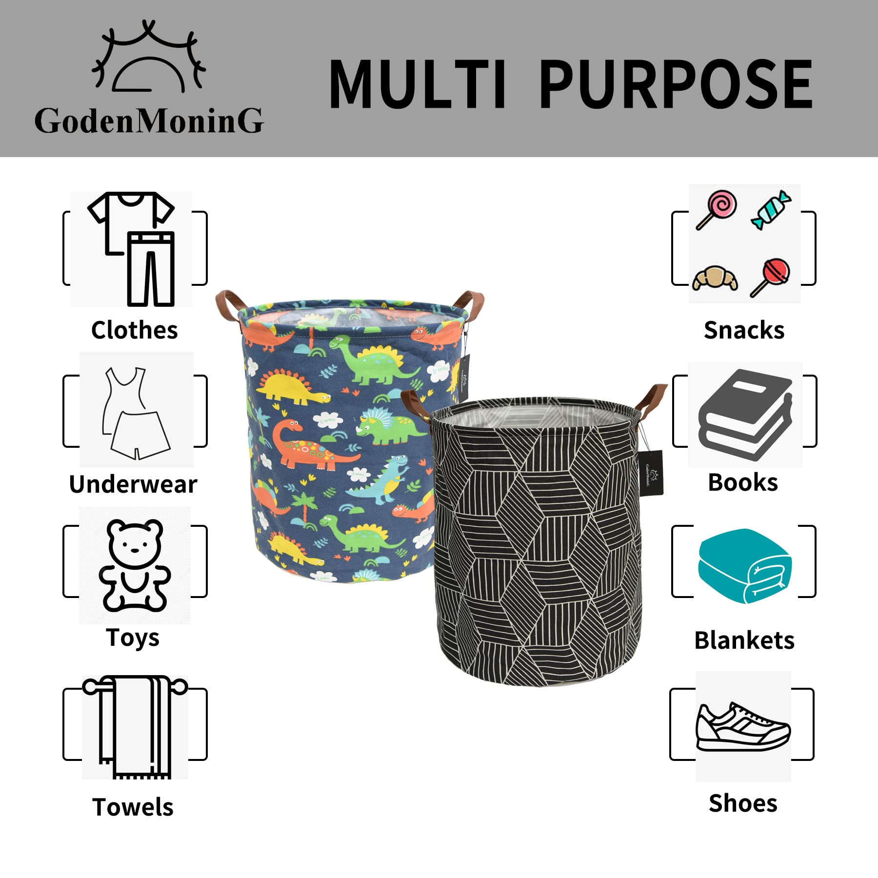 Collapsible Laundry Basket - GodenMoninG 2X 62.8L Large Sized Round Waterproof Storage Bin with Leather Handles,Home Decor,Toy Organizer,Children Nursery Hamper.(2 PACKS,Pine Tree & Grey Avocado)