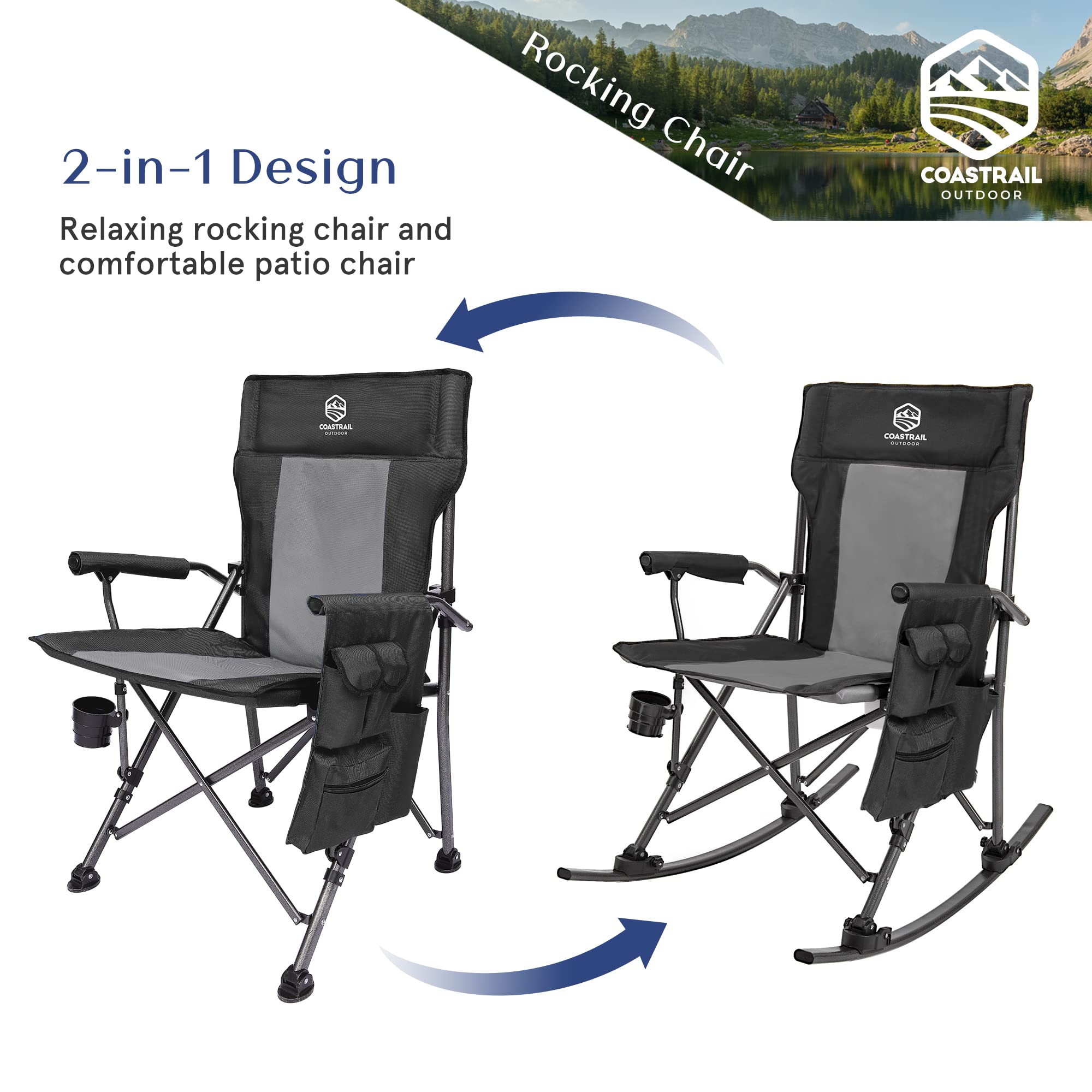 Coastrail Outdoor Folding Rocking Camping Chair High Back Padded Lawn Chair with Foldable Cup Holder, Side Storage, Back Pocket for Camping Hiking Heavy Duty 350lbs Weight Capacity, Black, Large