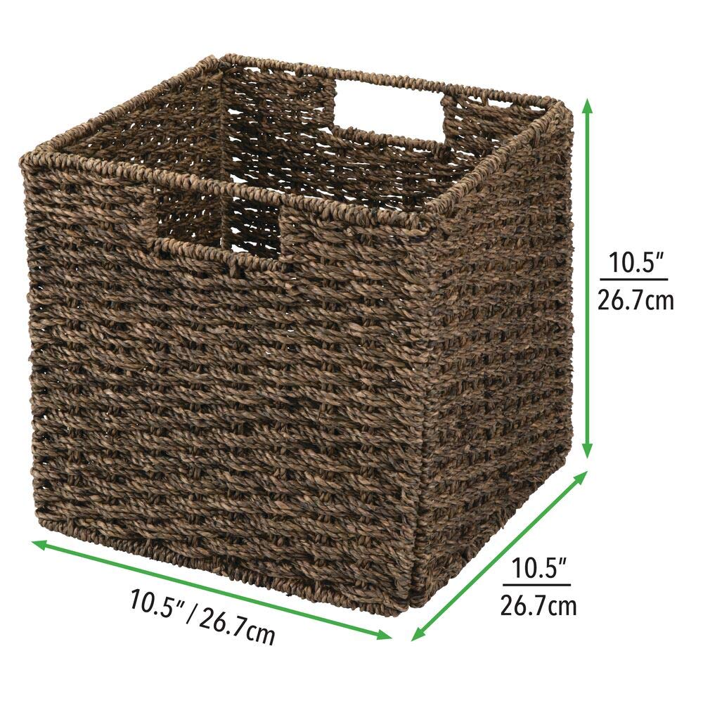 mDesign Natural Woven Seagrass Closet Storage Organizer Basket Bin - Collapsible - for Cube Furniture Shelving in Closet, Bedroom, Bathroom, Entryway, Office - 10.5" High, 2 Pack - Chestnut Brown